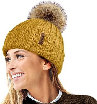 TOSKATOK Femmes Hiver Rib Bonnet/Beanie avec Chunky détachable en Fausse Fourrure Bobble Pom Pom-Taille Unique-Moutarde