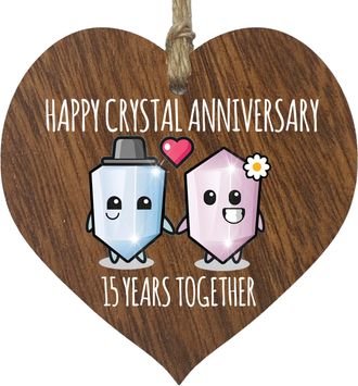 Stuff4 Schild zum 15. Hochzeitstag, Geschenk f&uuml;r Ehemann, Ehefrau, 15 Jahre zusammen, Happy Crystal Anniversary Holzherz f&uuml;r Frauen, M&auml;nner, Partner, Dunkles