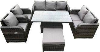 Fimous Rattan Gartenm&ouml;bel Sets H&ouml;henverstellbarer aufsteigender Esstisch Liegender Stuhl Sofa Set mit gro&szlig;em Fu&szlig;hocker Dunkelgrau gemischt - Fimous