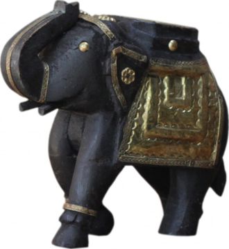Guru Shop Deko Elefant Geschnitzt mit Messingornamenten - 16cm, 16x18x6 cm