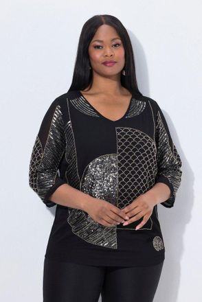 Ulla Popken Longbluse Chiffon-Bluse Pailletten/Perlen V-Ausschnitt