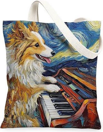 Generic Sac fourre-tout en toile r&eacute;utilisable pour le shopping Motif chien de berger des Shetland 33 x 38,1 cm, motif piano nocturne &eacute;toil&eacute;, sac d&eacute;picerie r&eacute;u