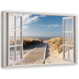 Feeby Leinwandbild - Bilder Wohnzimmer - Fensterblick Meer Strand Landschaft - 120x80 cm XXL 1tlg - Deko Schlafzimmer - Wanddekoration - Aesthetic - Groß Mo
