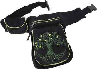 Guru Shop Stoff Sidebag & H&uuml;fttasche, Goa G&uuml;rteltasche, Bauchtasche aus Nepal - Tree of Life Schwarz/gr&uuml;n, Unisex - Erwachsene, Baumwolle, 25x18x4 cm