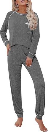 Ekouaer Pyjama Femme 2 Pi&egrave;ces V&ecirc;tements de Nuit Doux Haut &agrave; Manche Longue et Pantalon,Gris,S