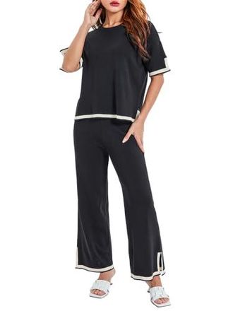 Generic Tenue 2 pi&egrave;ces pour femme, coupe d&eacute;contract&eacute;e, pull &agrave; manches courtes, pantalon long, pantalon long, noir, taille M pour un usage quotidien, le travai