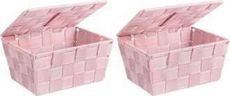 WENKO Aufbewahrungskorb mit Deckel Adria Rosa - Badkorb mit Deckel, Polypropylen, 19 x 10 x 14 cm, Rosa (Packung mit 2)