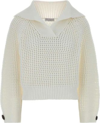 Brunello Cucinelli Femme, Pulls, Blanc, Taille: 38 FR Pull en maille c&ocirc;tel&eacute;e textur&eacute;e en coton