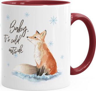Autiga Tasse Weihnachten Baby its cold outside Spruch Fuchs Winter Schnee Fox Weihnachtsbecher Weihnachtstasse bordeauxrot unisize