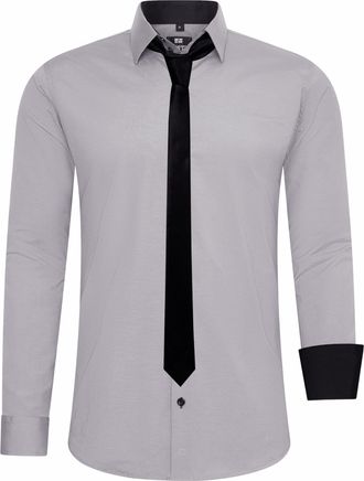 Rusty Neal Herren-Hemd Premium Slim Fit Langarm Stretch Kontrast Hemd mit Krawatte Business-Hemden Outfit Freizeithemd Set 44_99, Gr&ouml;&szlig;e:6XL, Farbe:Grau