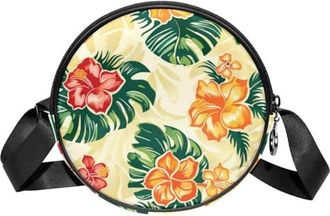 Generic Sac &agrave; bandouli&egrave;re rond pour femme, motif fleurs hawa&iuml;ennes, petit sac &agrave; bandouli&egrave;re avec fermeture &eacute;clair, bretelles r&eacute;glables, sac &agrave; main rond d&eacute;cont