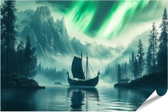 Islandburner XXL Bild Poster Nordlichter &Uuml;ber Einem Wikinger Schiff Premium Bilder Fotodruck