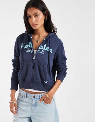 Hollister Sweat &agrave; capuche zipp&eacute; court &agrave; logo classique - Bleu marine