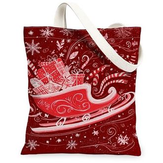 Generic Sacs fourre-tout en toile avec motif tra&icirc;neau de No&euml;l, sacs de courses r&eacute;utilisables, l&eacute;gers et lavables, Rouge, 13x15 Inch