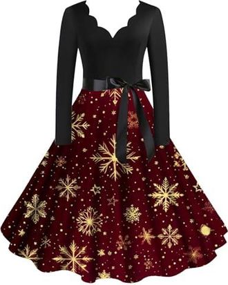 Generic Robes de Noël pour femmes, grande taille, robe de Noël 2025 plissée à manches longues pour bal de fin dannée, robe de cocktail Hepburn avec col en V, 