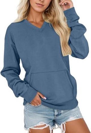 Generic Sweats à col en V avec poches, chandail décontracté à col en V sans capuche, surdimensionné et confortable, bleu, XXL