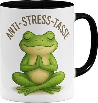 OM3 Frosch Anti-Stress Kaffee-Tasse mit Spruch - lustige Keramiktasse Namaste-Motiv - Fr&ouml;schlein - Keramik Becher - 325ml - Beidseitig Bedruckt - Schwarz