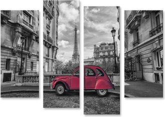 Islandburner Bild auf Leinwand Eiffelturm In Paris Und Rotes Retro Auto Schwarz-Weiß Bilder Wandbilder Poster