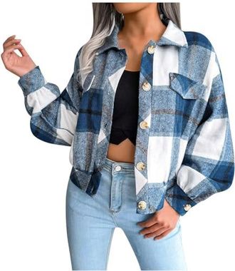 Generic Vestes pour femmes 2026 - Manteau en laine &agrave; carreaux d&eacute;contract&eacute; - Manches longues, bleu, XL