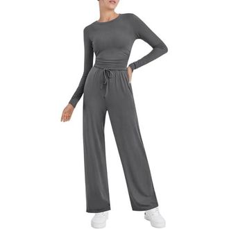 Generic Costume extensible pour femme - Tenue dautomne deux pi&egrave;ces - Surv&ecirc;tement &agrave; manches longues - Haut court &agrave; manches longues - T-shirt - Pantalon large -