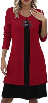 Generic Robe en tricot pour femme 2 en 1 - Style d&eacute;contract&eacute; - Manches longues - Col rond - Avec double boucle - Patchwork A-Line - Midi, bordeaux, XXL