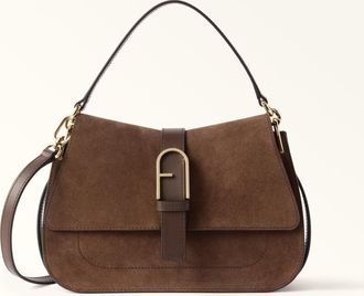 Furla Flow Henkeltasche M Toni Cioccolato Braun Wildleder + Claris Lux-kalbsleder Mit Intarsie Damen