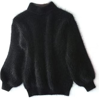 Generic Angora Pull en tricot à col roulé en cachemire mélangé pour femme, Noir, Taille unique