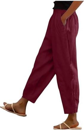 Generic Pantalon en coton et lin pour femme, pantalon court taille &eacute;lastique, pantalon en coton avec poches, pantalon d&eacute;contract&eacute; &agrave; jambe droite, pantalon l&eacute;g