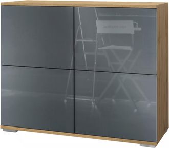 Vladon Kommode Rova V3, Moderner Küchenschrank mit 4 Push-to-Open Türen Eiche Evoke/Grau Hochglanz (92,5 x 75.5 x 35)