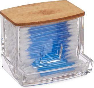 Relaxdays Wattestäbchen Aufbewahrung, Acryl, Bambus, Box mit Deckel, kleiner Ohrstäbchen Spender Bad, transparent/natur