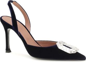 Amina Muaddi Crystal-Embellished Velvet Slingback Pump - Blue