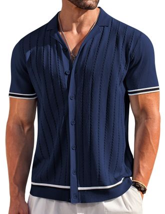 Coofandy Coofandy Herren Kurzarm-Strickhemd, l&auml;ssig, Button-Down-Shirt, Vintage, gestreift, gestrickt, Golf-/Strand-Tops, Marineblau, XL