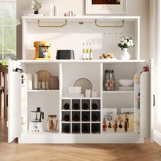 Generic Sideboard Wei&szlig; Mit Schwarzem Dekor, Anrichte Sideboard Aus MDF Mit Verstellbaren Regalen Und Weinglasregal, K&uuml;chen Sideboard Als K&uuml;chenschrank Und Buf