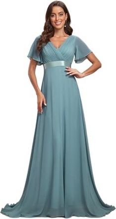 Ever-pretty Robes de Soirée Femmes Longues Manches Volants Tulle Paillettes de Feuilles Col V Chic Bleu Sarcelle Clair 34