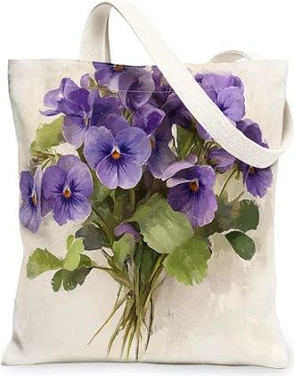 Generic Sac fourre-tout en toile avec fleurs violettes printani&egrave;res pour le shopping, 33 x 38,1 cm, sac d&eacute;picerie r&eacute;utilisable pour femme, peinture esth&eacute;tique