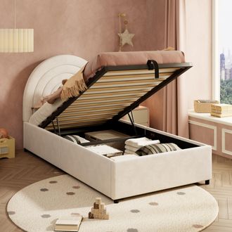 Merax Samt Polsterbett 90x200 cm, Kinderbett Einzelbett Jugendbett, mit Lattenrost und Kopfteil, hydraulischem Stauraum, Holzlatten, einfache Montage, Samt,