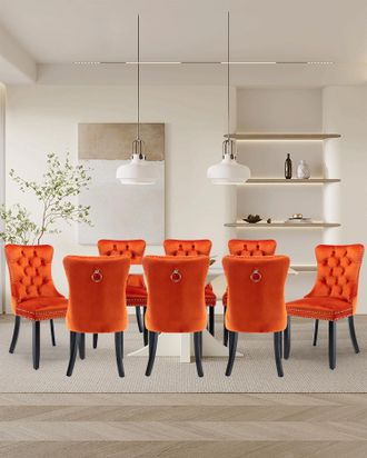 Generic Samtgepolstertes, Getuftetes Esszimmerstuhl-Set Mit Nagelkopfbesatz Und Beinen Aus Massivholz - Beige (für Esszimmer, Küche, Restaurant)(Orange,Set of