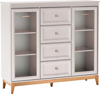 Mirjan24 Vitrine Winzalo WN07, Standvitrine mit 4 Schubladen und 2 T&uuml;ren, 6 F&auml;cher, Vitrinenschrank mit ged&auml;mpftem Schlie&szlig;system und Holzf&uuml;&szlig;en (Cashmere, ohne 