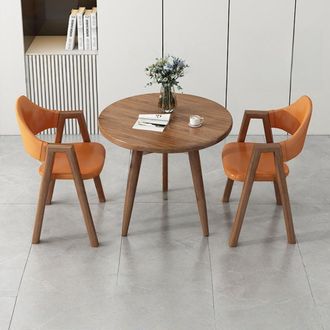 Generic Runder Empfangstisch Und 2 St&uuml;hle Im Set - Moderne Holzmaserung Mit PU-Ledersitzen for B&uuml;ro Oder Lounge(Orange Chairs+Walnut-Colored Table)