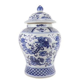 Ori&euml;ntique Chinesische Vase mit Deckel Blau Wei&szlig; Porzellan Handbemalt Qilun D33xH53cm China Dekorative Blumenvase Orientalische