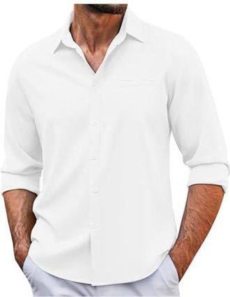 Generic Chemise d&eacute;t&eacute; boutonn&eacute;e en lin pour homme - En coton et lin - Chemise de loisirs - Chemise de plage l&eacute;g&egrave;re - &Eacute;l&eacute;gante - Manches longues - Coupe droite 