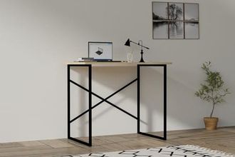 Hanah Home Modern Study Desk, Oak & Black, 90 x 76 x 56 cm | 100% Melamine Coated Particle Board, 18 mm Thick | Wall-Mountable, Ideal for Home & School