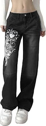 ORANDESIGNE D Noir Y2K Jeans pour Femme Taille Basse Jean &Eacute;vas&eacute; Coupe Large Pantalon Cargo Ample Gothique Punk Fonc&eacute; Vintage Baggy Hose Droit Pantalon en Denim E-