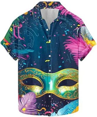 Generic Costumes de carnaval pour homme &agrave; manches courtes - Chemise de Mardi Gras boutonn&eacute;e - Grande taille - Chemise de golf ample hawa&iuml;enne - T-shirt imprim