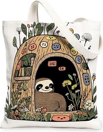 Generic Sac fourre-tout en toile motif paresseux printanier 33 x 38,1 cm, sac d&eacute;picerie r&eacute;utilisable pour femme, motif fleurs sauvages, plage, esth&eacute;tique, d&eacute;c