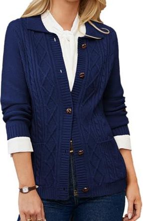 Grace Karin Cardigan décontracté en tricot avec boutons à revers pour femme - Automne et hiver, bleu marine, XL