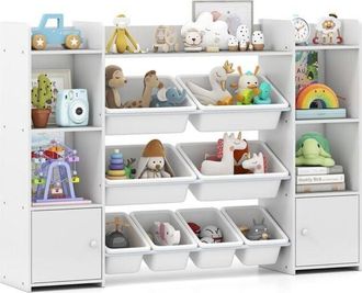 Costway Bibliothèque pour Jouets, Étagère 4 Niveaux pour Enfants avec 8 Bacs Amovibles et Bibliothèque, pour Salle de Jeux, Chambre, 142 x 30 x 100 cm