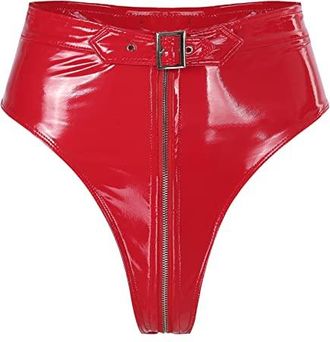 dPois Mini Short Cuir Verni Brillant Culotte Ouvert Femme Sexy Zip String Lingerie de Nuit sous-vêtement Pantalon Court Danse Bal Clubwear S-4XL Rouge 3XL