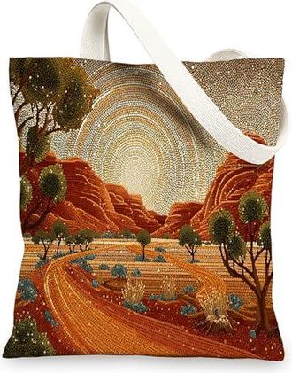 Generic Sacs fourre-tout artistiques en toile, sacs dépicerie réutilisables, légers et lavables avec bandoulière, marron, 13x15 Inch