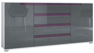 Vladon Sideboard Sylt V2, Kommode mit 2 T&uuml;ren und 4 Schubladen, Korpus - Wei&szlig; matt/Front - Grau Hochglanz/Absetzung - Brombeer Hochglanz (166,5 x 75,5 x 35 c